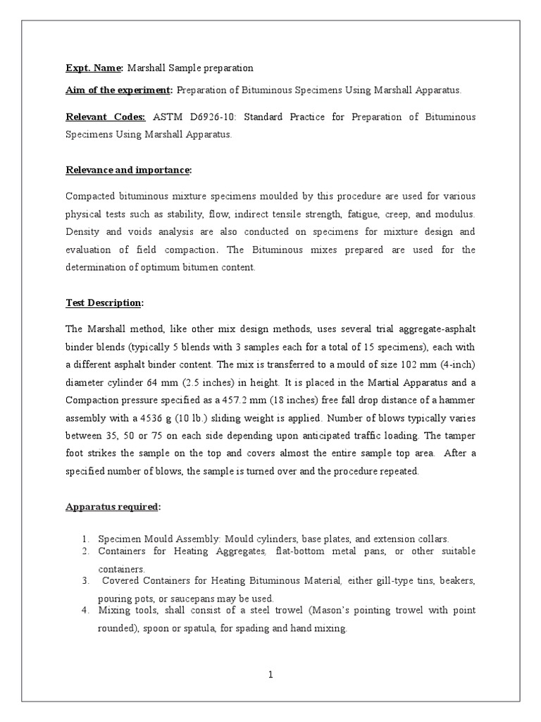 Preparation of Marshall Sample | PDF | Asphalt | Cookware And Bakeware