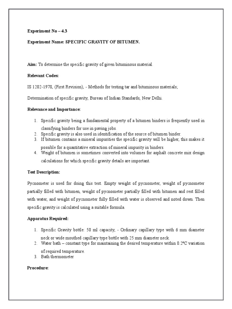 Specific Gravity of Bitumen. | PDF | Asphalt | Applied And ...