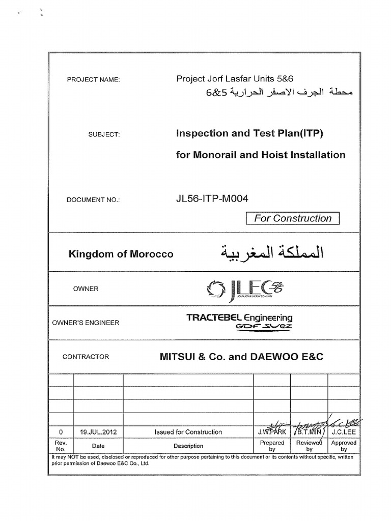 Inspection and Test Plan ITP For Monorail Hoist I | PDF
