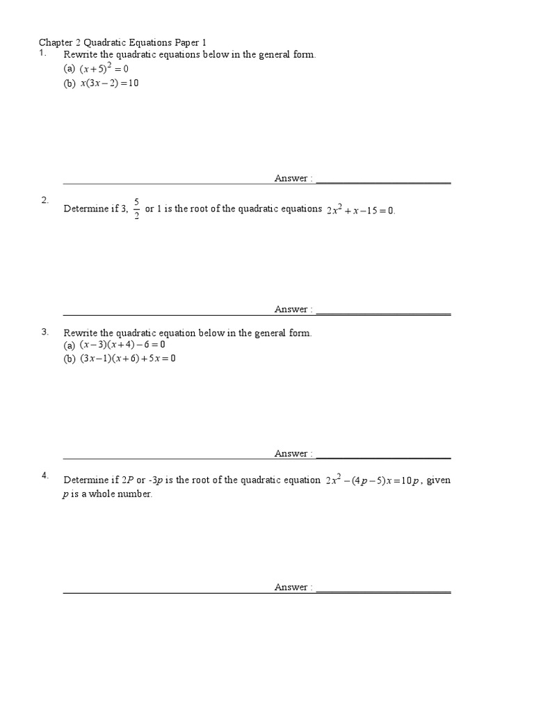 Quadratic Equations Practice Exercises | PDF | Quadratic Equation ...