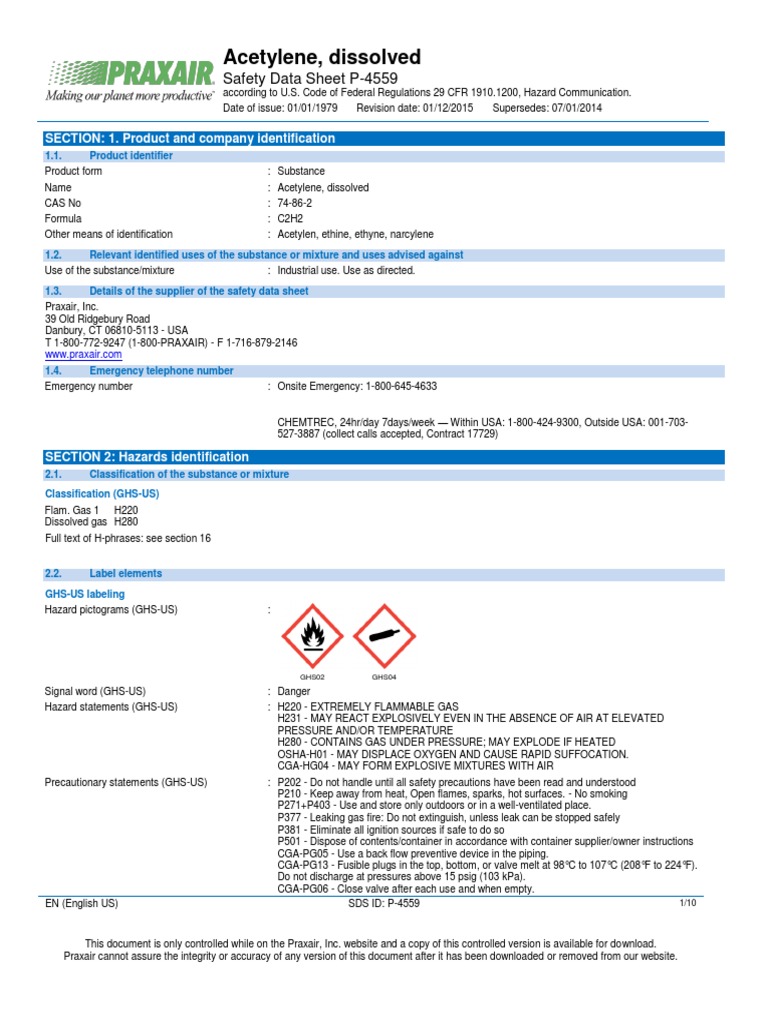 Acetylene Gas C2H2 Safety Data Sheet SDS P4559 | PDF | Firefighting | Toxicity