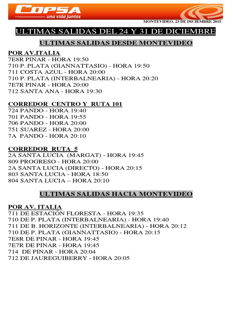 Últimos Horarios Copsa Diciembre 2025 | PDF