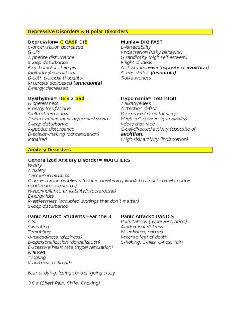 Mental Health Disorders Mnemonics Guide | PDF | Psychological Trauma ...
