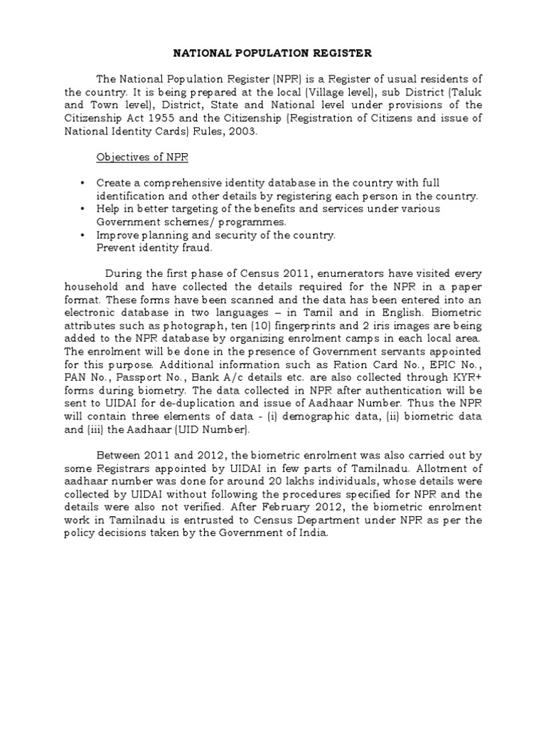 National Population Register | Download Free PDF | Census | Biometrics