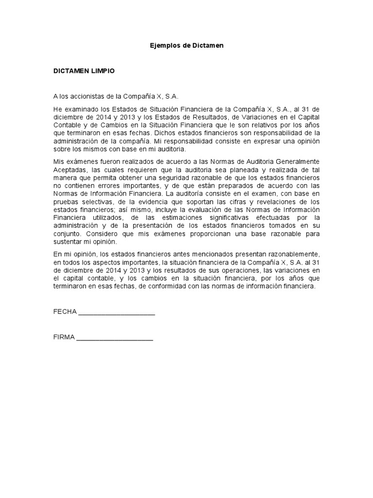 Ejemplos de Dictamen de Auditoria (1).docx | Auditoría financiera ...