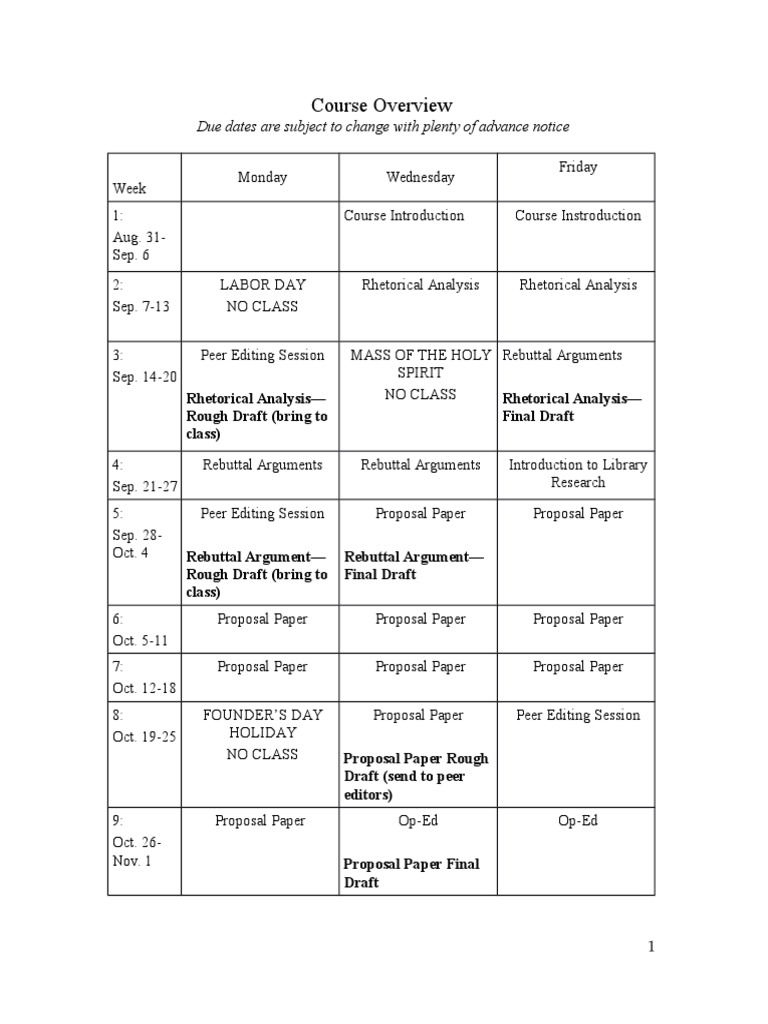 English 101 Course Schedule Overview | PDF