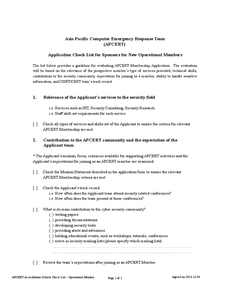 Page 1 of 2 APCERT Accreditation Criteria Check List - Operational ...