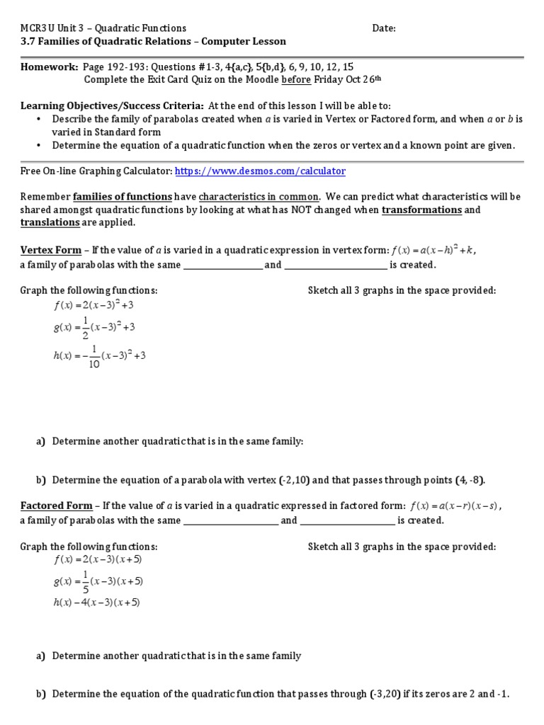 3.7 Families of Quadratic Relations | Quadratic Equation | Analysis