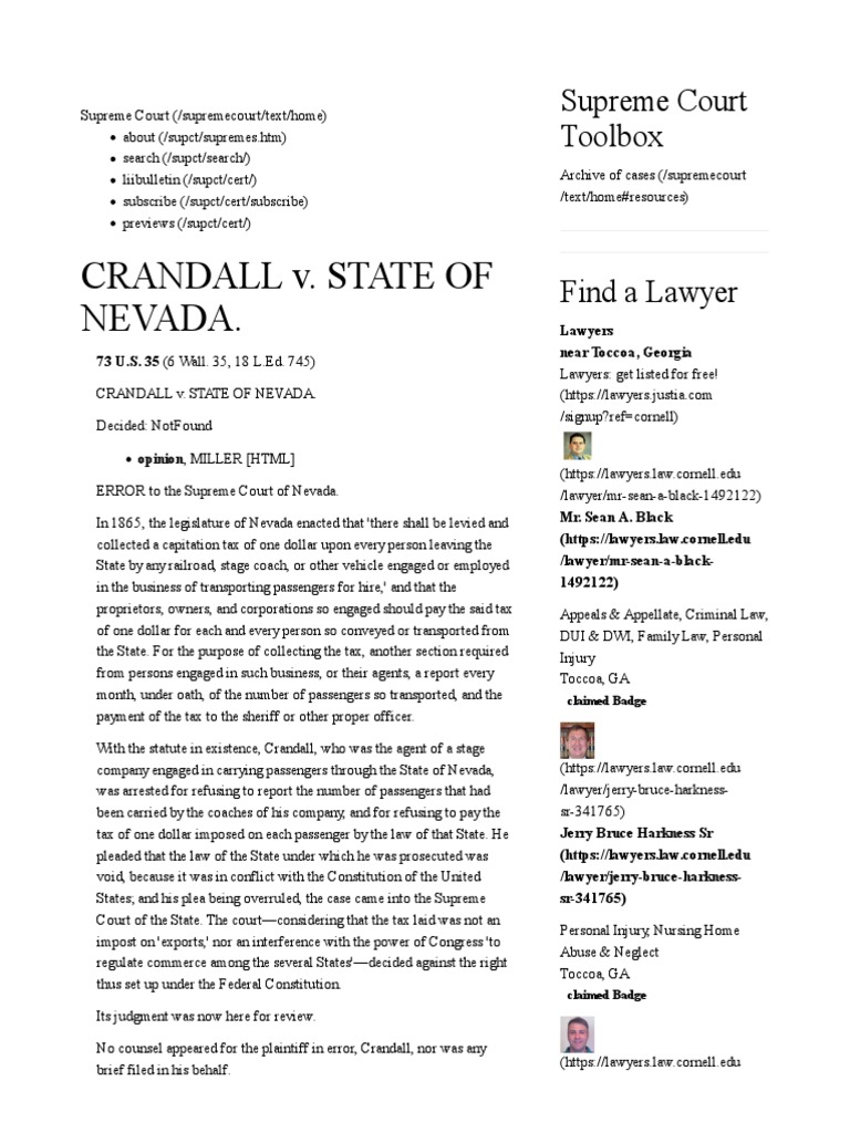 Crandall v. State of Nevada, 73 U. S. 35 (1867) | PDF | United States ...