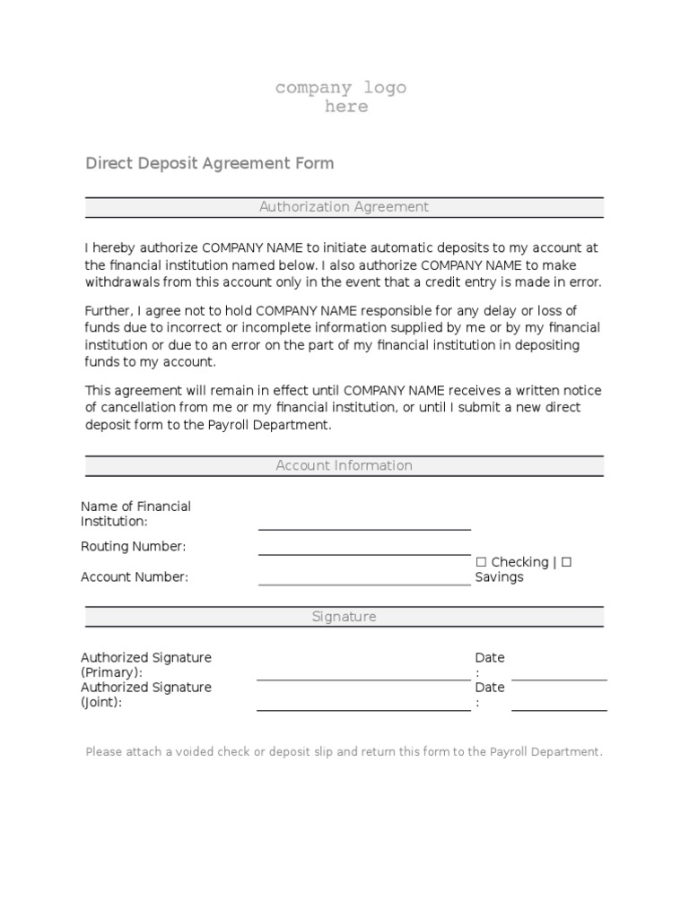 Direct Deposit Agreement MODERN | PDF