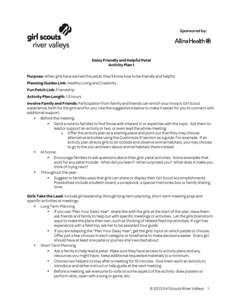 Activity Plan Daisy Petal Sunny Friendly and Helpful | PDF