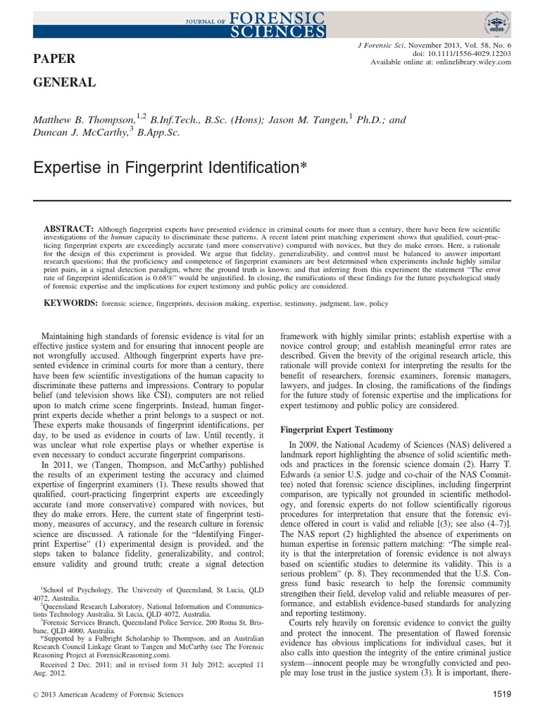 Expertise in Fingerprint Identification | PDF | Fingerprint | Forensic ...