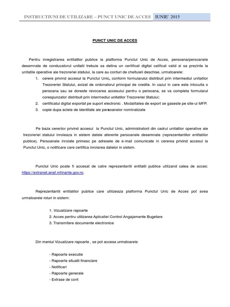 Instructiuni de Utilizare PUNCT UNIC de ACCES | PDF