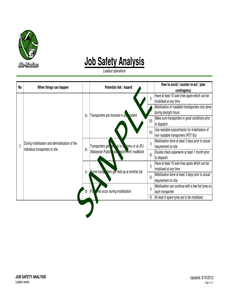 Sample: Job Safety Analysis | PDF | Tire | Industries