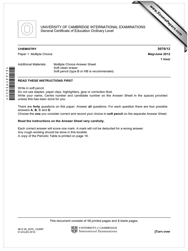 'O' Level Chemistry Paper 1 - 2012 | PDF | Science & Mathematics ...