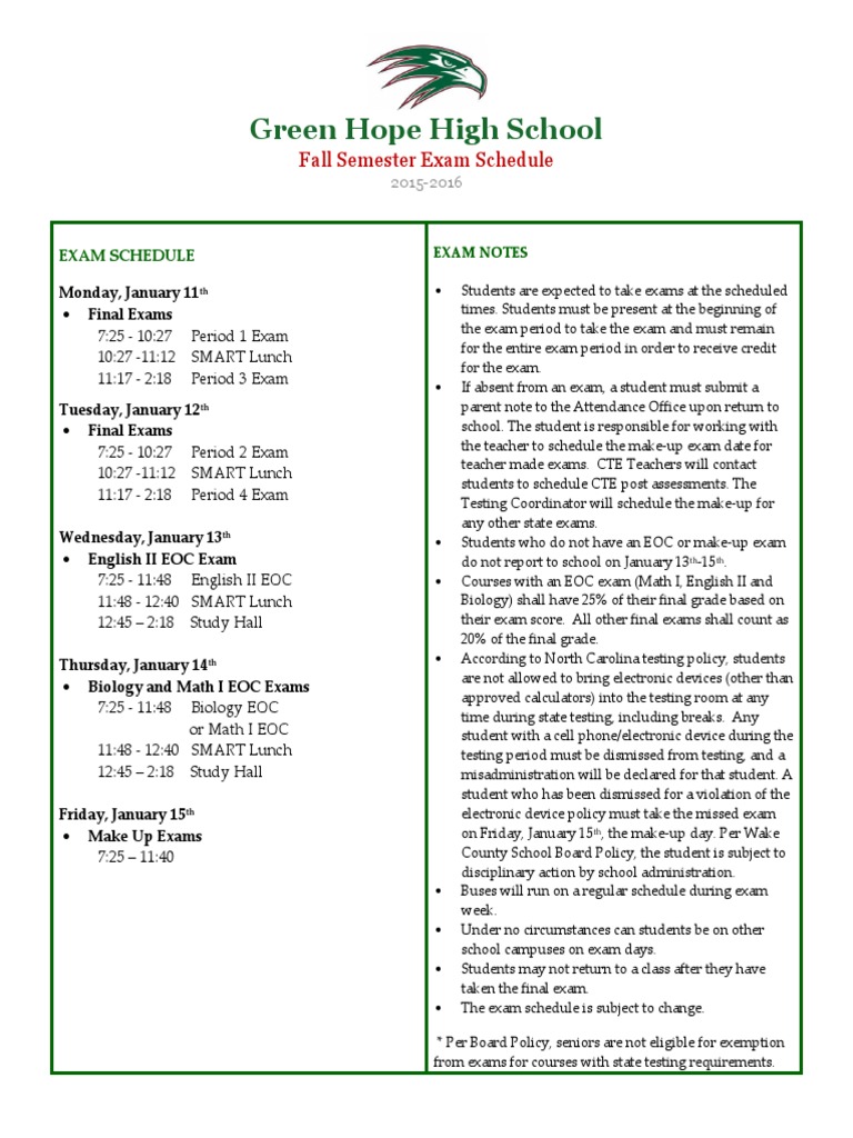 Green Hope High School Exam Schedule | PDF