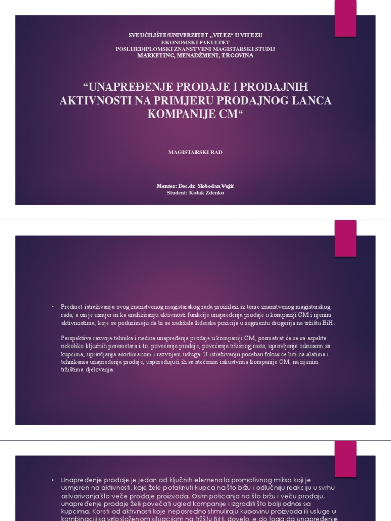 Unapređenje Prodaje I Prodajnih Aktivnosti Na Primjeru Prodajnog Lanca Kompanije CM | PDF