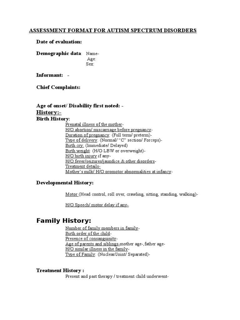 Autism Spectrum Disorder Assessment Format | PDF | Somatosensory System ...