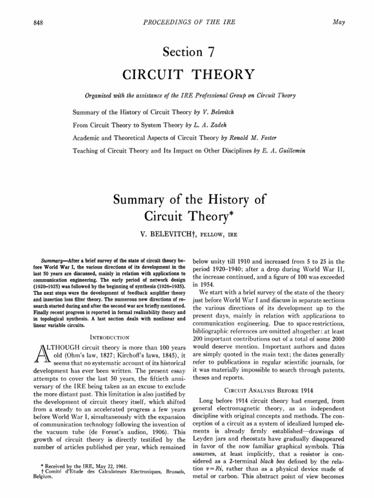 1962 Belevitch Summary of The History of Circuit Theory | PDF ...