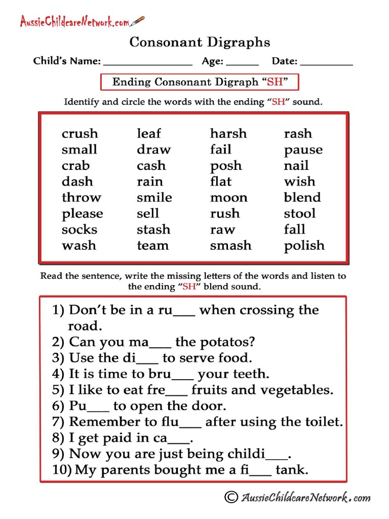 Consonant Digraphs Worksheets Ending SH | PDF | Orthography | Collation