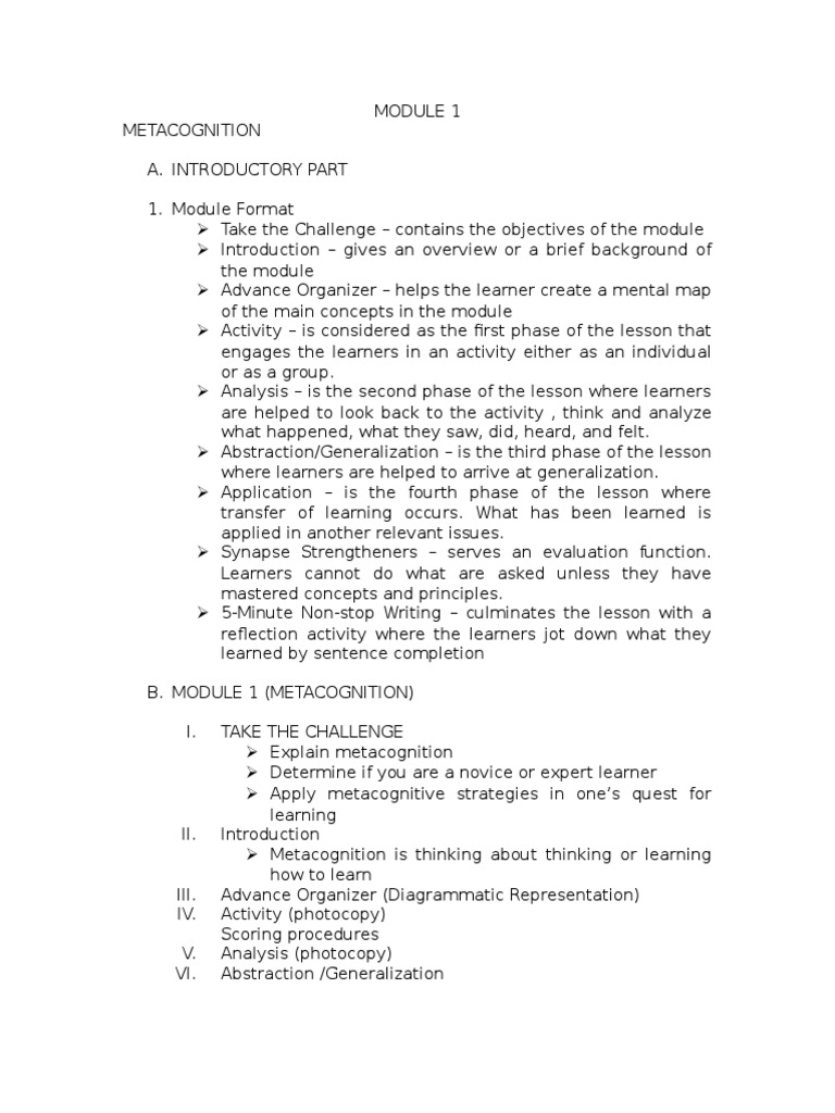 Module 1 (Metacognition) | PDF | Metacognition | Learning