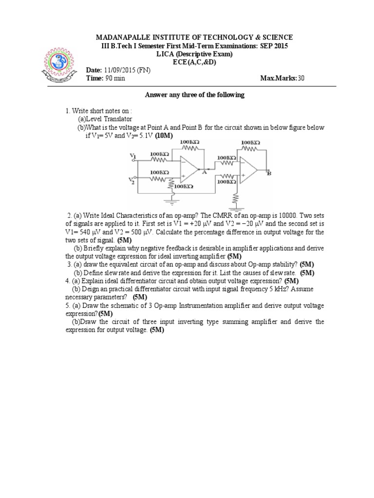 LICA I Mid Question Paper | PDF | Operational Amplifier | Amplifier