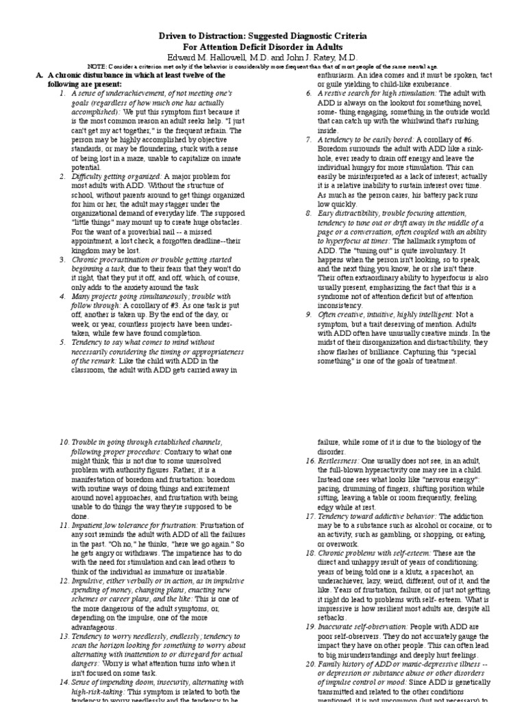 Driven To Distraction-Suggested Diagnostic Criteria For Adult ADD | PDF ...