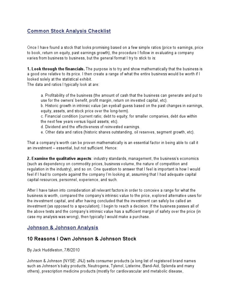 Common Stock Analysis Checklist | PDF | Price–Earnings Ratio | Equity ...