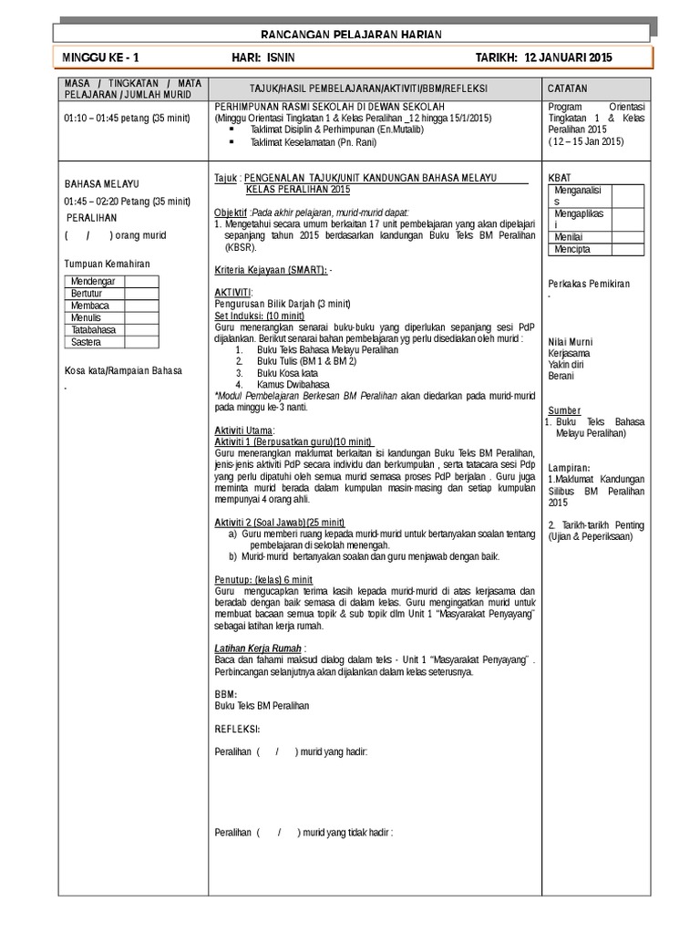 M1 - 12 Jan - Isnin - BM Peralihan | PDF | Karier & Perkembangan | Seni & Disiplin Bahasa