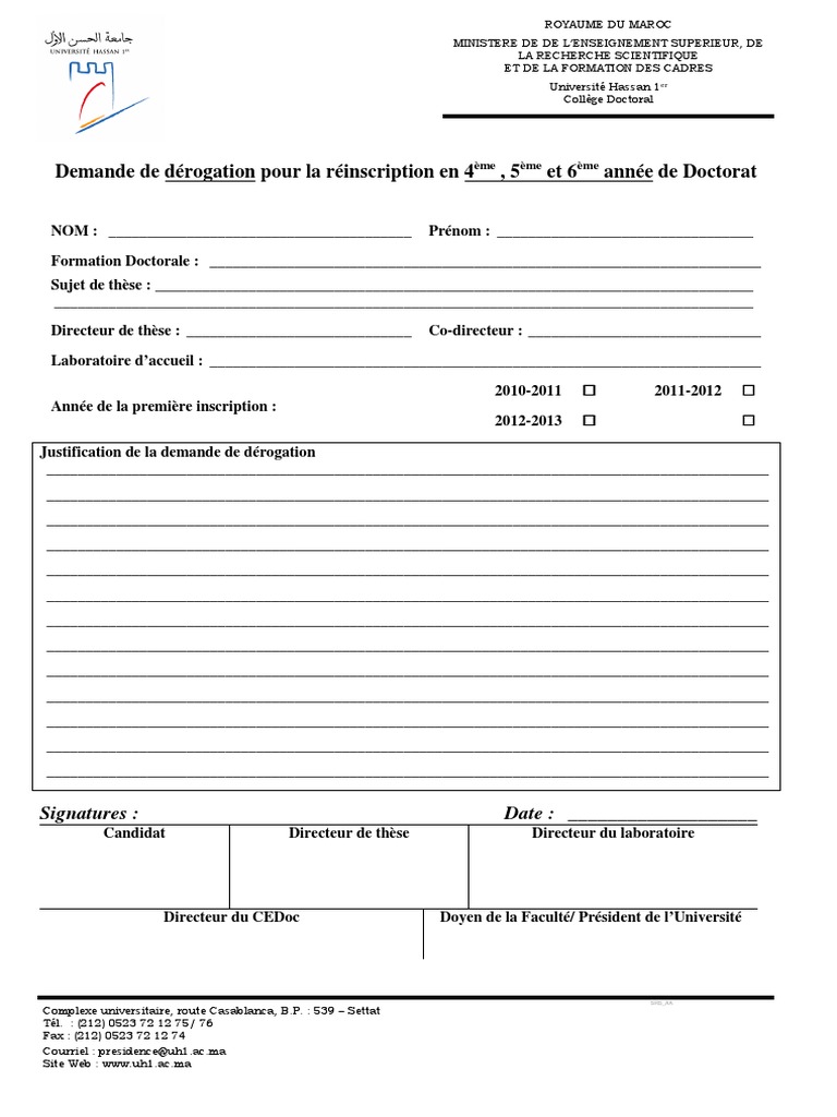 Demande de Derogation Doctorat | PDF | Doctorat | Études supérieures