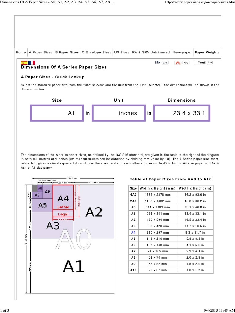 Dimensions of Paper Sizes | PDF | Reference | Stationery