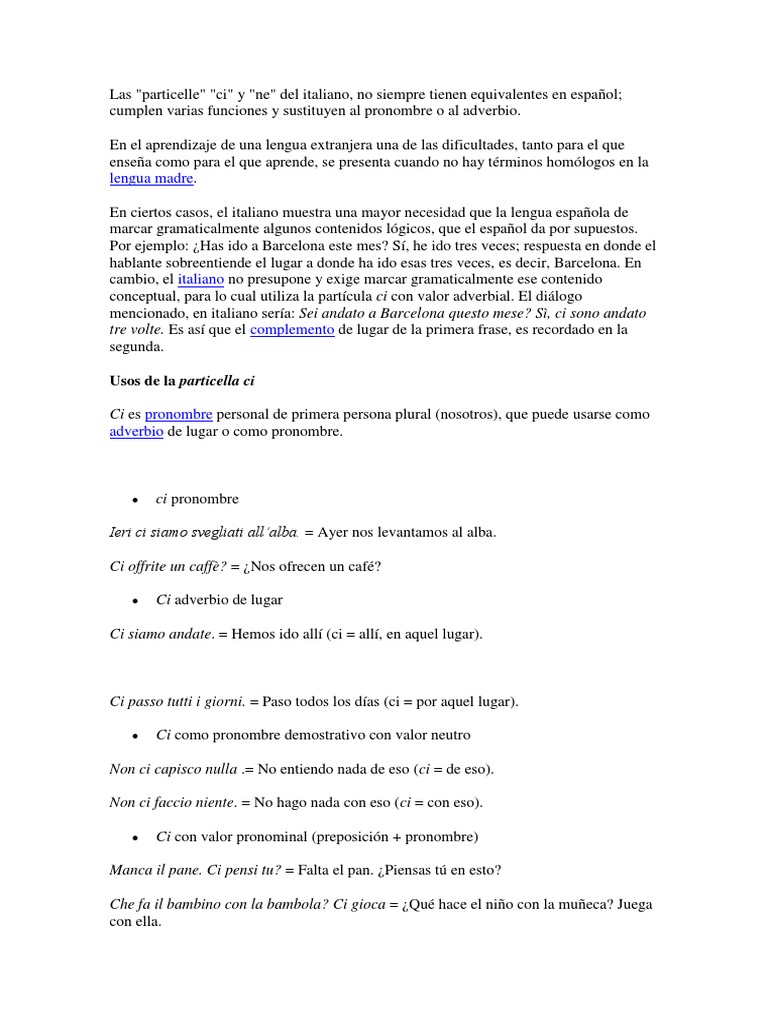 Uso de "ci" y "ne" en italiano | PDF | Idioma italiano | Idiomas
