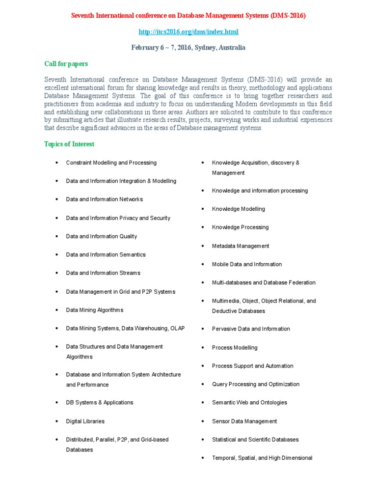 Call For Papers: Seventh International Conference On Database ...