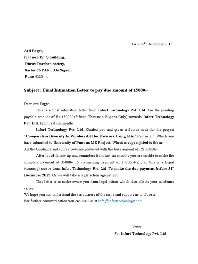 Subject: Final Intimation Letter To Pay Due Amount of 15000 | PDF | Finance & Money Management