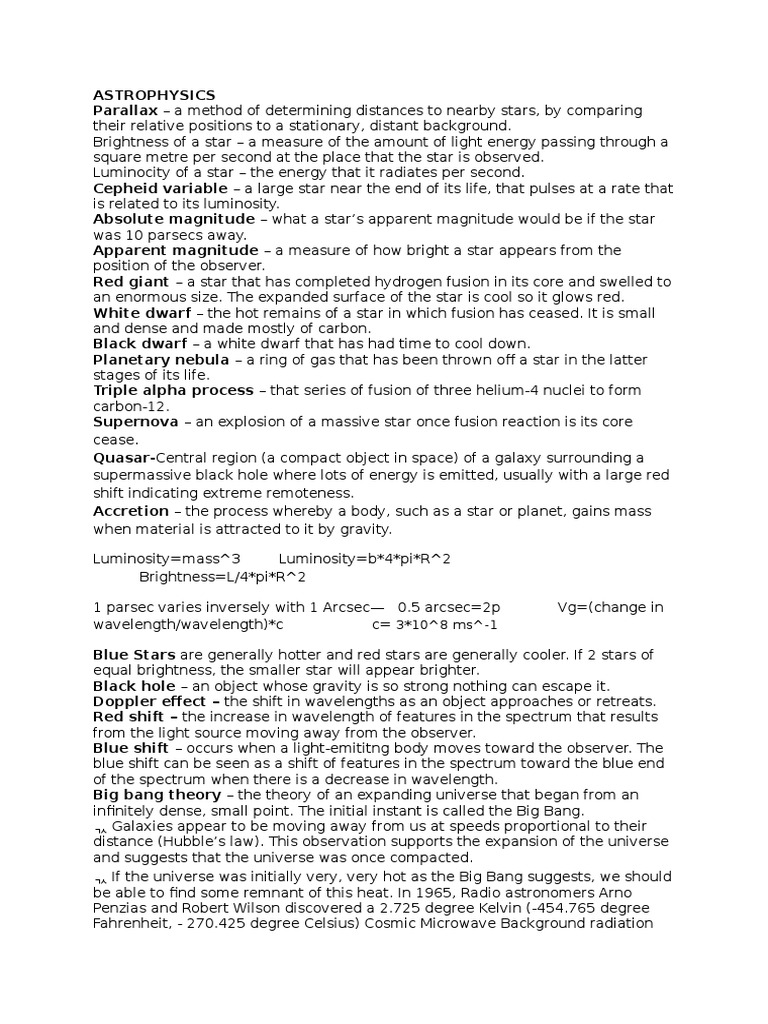 Physics Astro Cheat Sheet | PDF | Stars | Big Bang