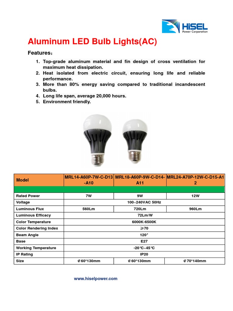 Aluminum LED Bulb Light (7-12W LED Datasheet) | PDF