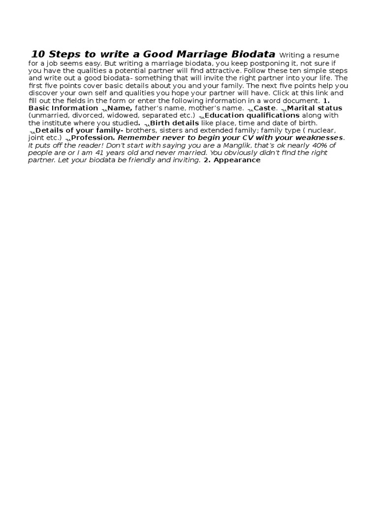 10 Steps To Write A Good Marriage Biodata: Basic Information | PDF
