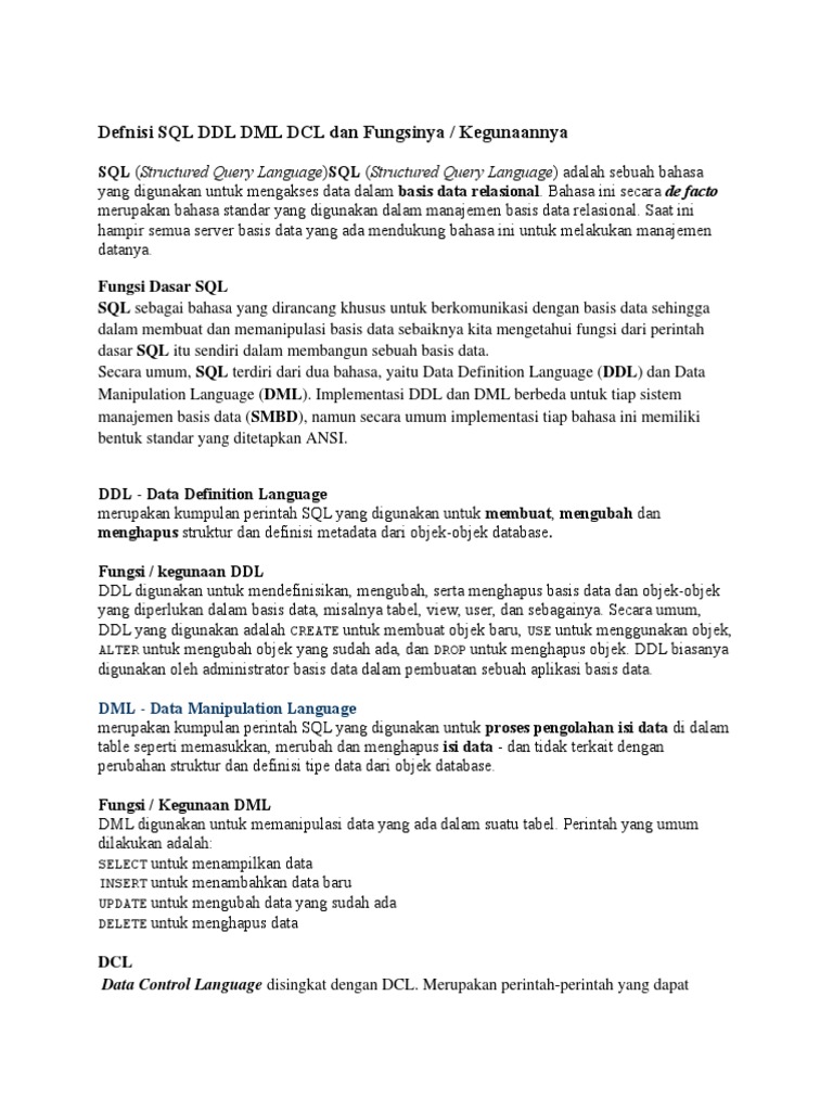 Defnisi SQL DDL DML DCL Dan Fungsinya | PDF | Seni | Komputer