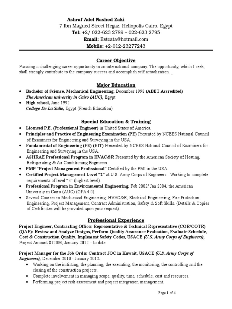 Ashraf Adel Zaki Cv 2014 S Pdf United States Army Corps Of
