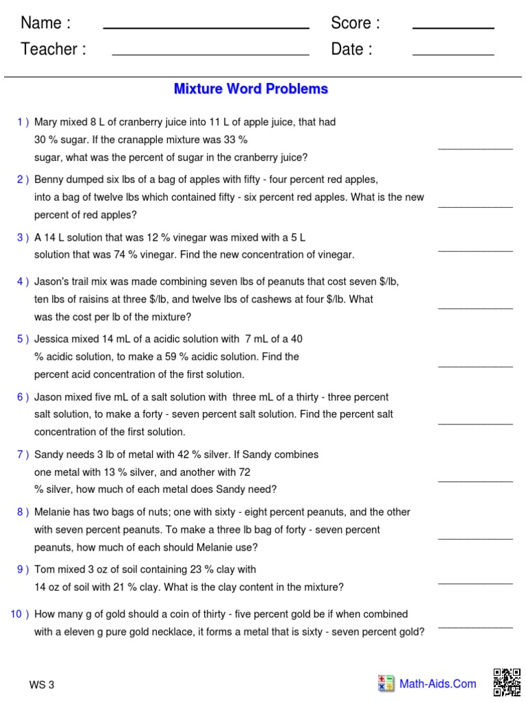Mixture Word Problems Solutions | PDF | Solution | Soil