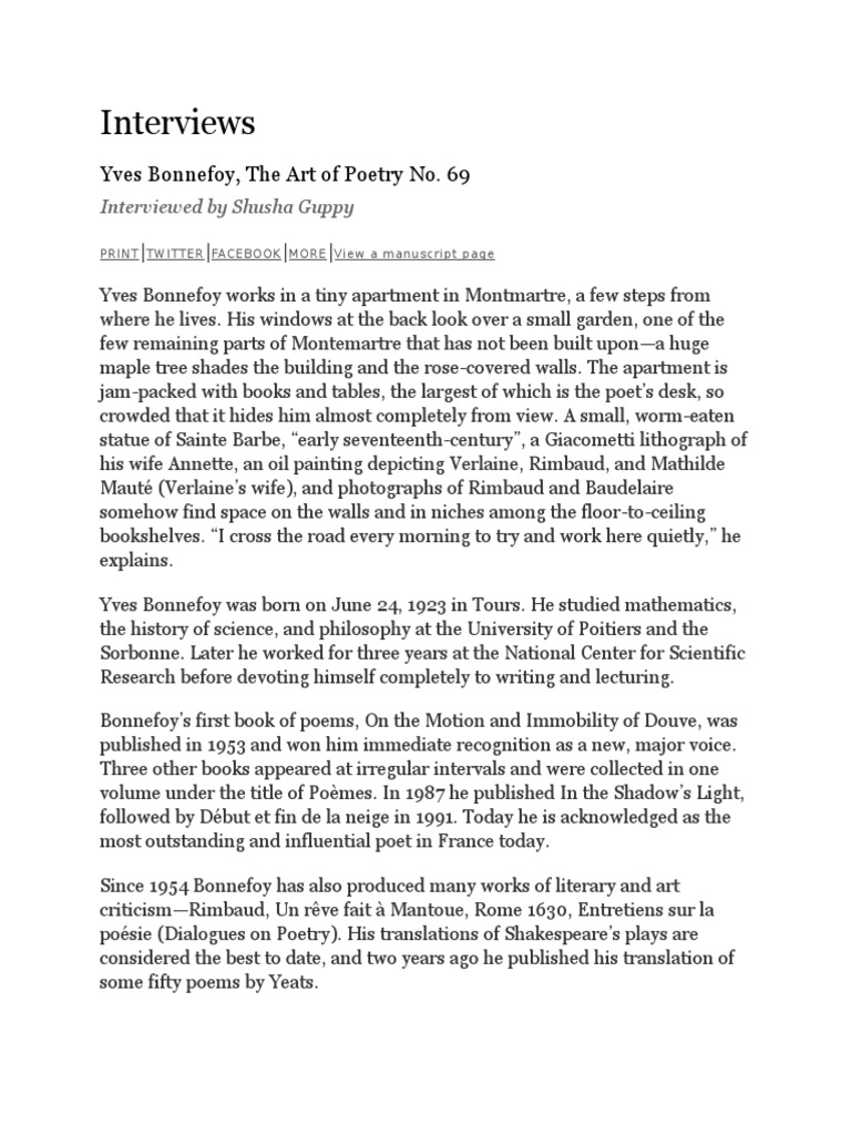 Yves Bonnefoy: Poetry Interview Insights | PDF | French Poetry | Poetry