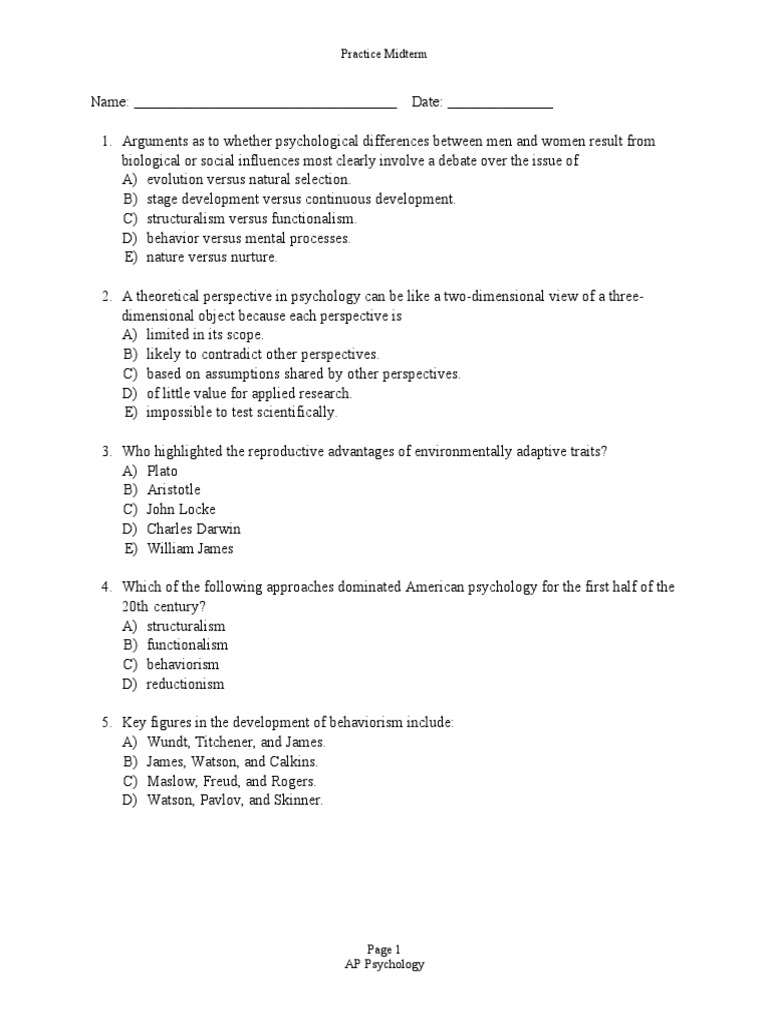 AP Psychology Midterm Practice Test | PDF | Nervous System | Neuron