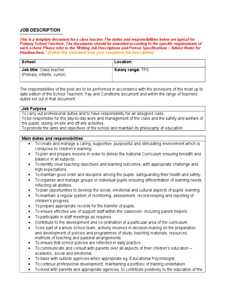 Appendix 2 Class Teacher Job Description Template v2 Feb 09 | PDF ...