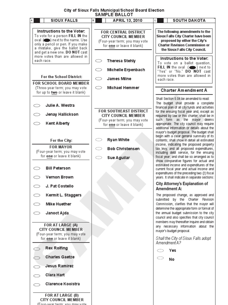 April 13th, 2010 - Sioux Falls, SD city election sample | Elections ...