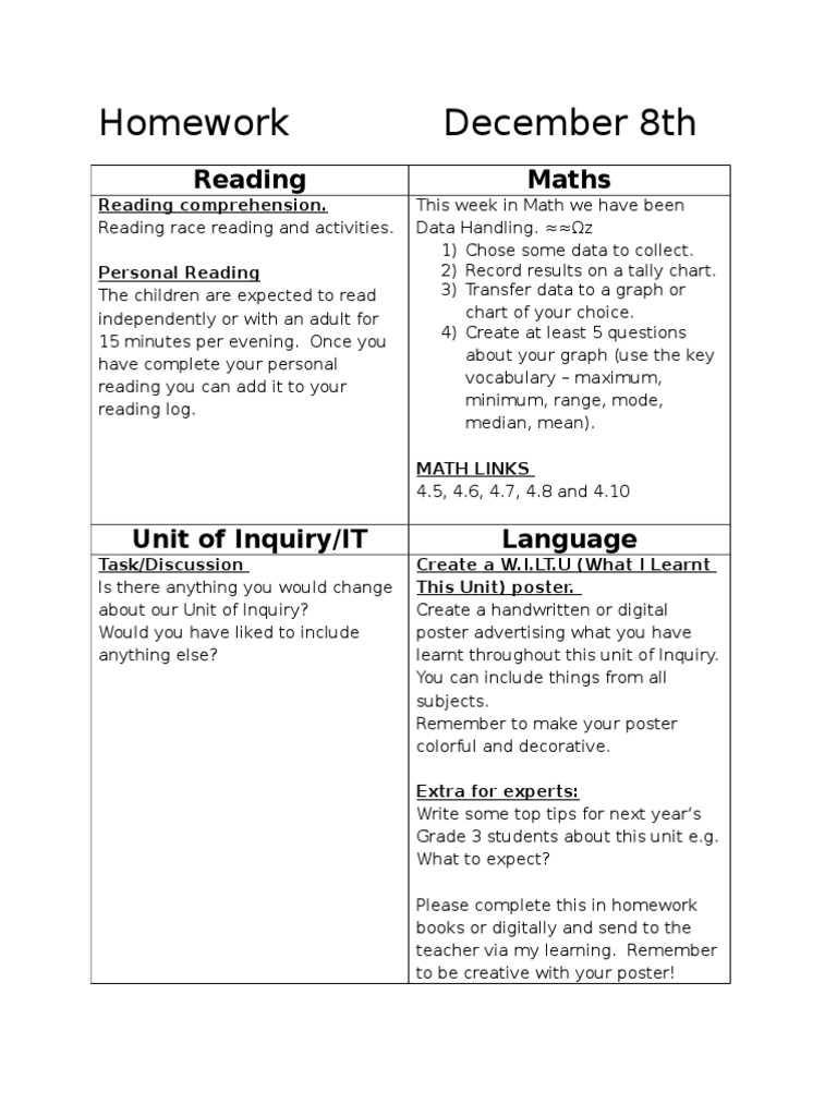 Grade 3 Homework: Reading & Math Tasks | PDF