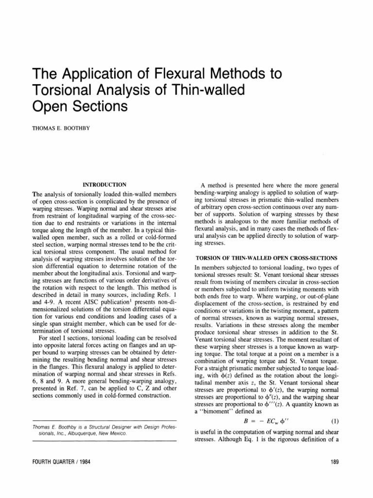 The Application of Flexural Methods To Torsional Analysis of Thin-Walled Open Sections | PDF ...