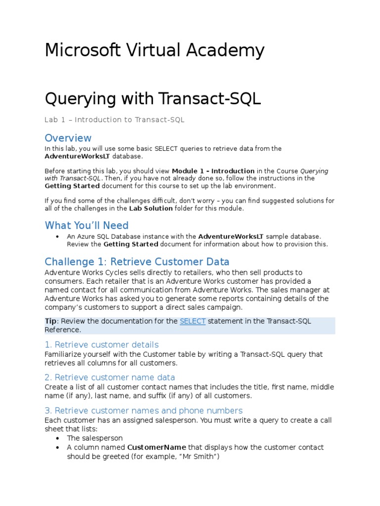 Lab01 - Insqlroduction To Transact-SQL | PDF | Information Retrieval | Databases