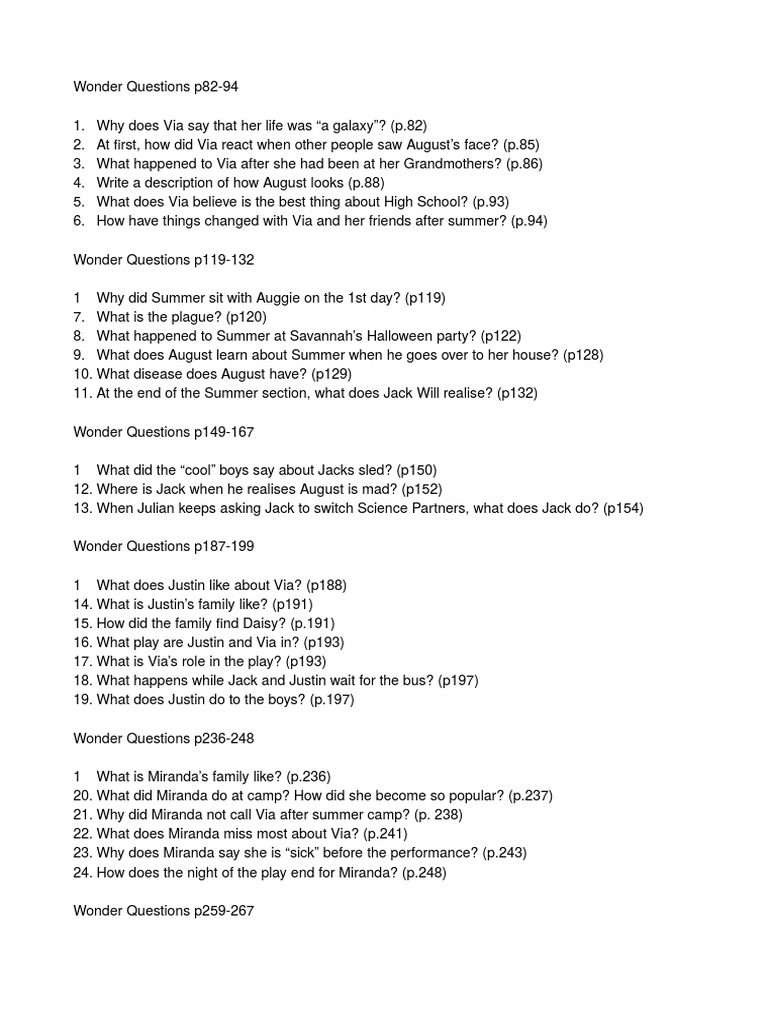 Wonder Comprehension Questions Guide | PDF | Games & Activities