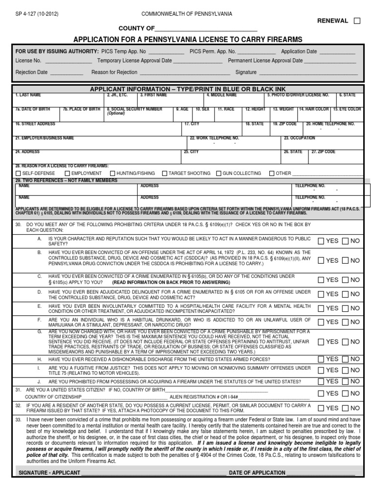 Concealed Carry Permit Application For Pennsylvania | PDF | Assault ...