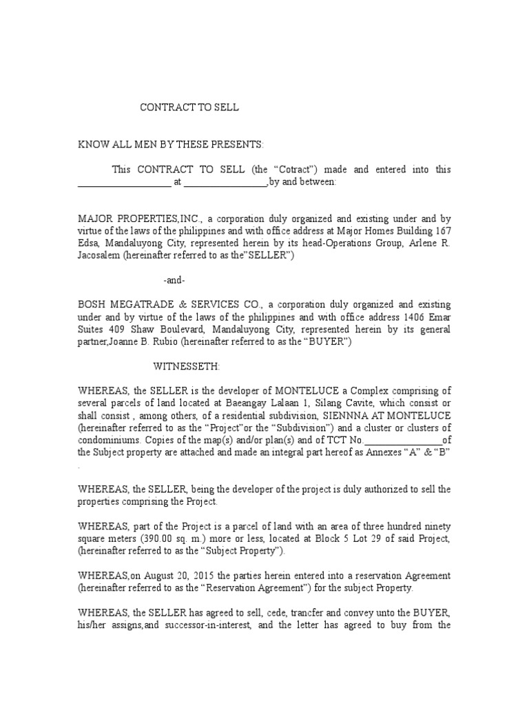 Sample Contract to Sell Property Philippines | PDF | Assignment (Law ...
